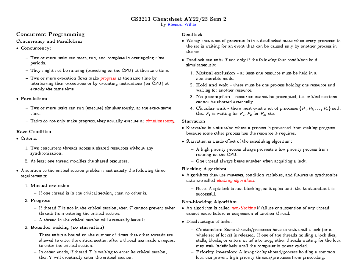 CS3211 Final Exam Cheatsheet for Concurrent Programming Concepts - Studocu