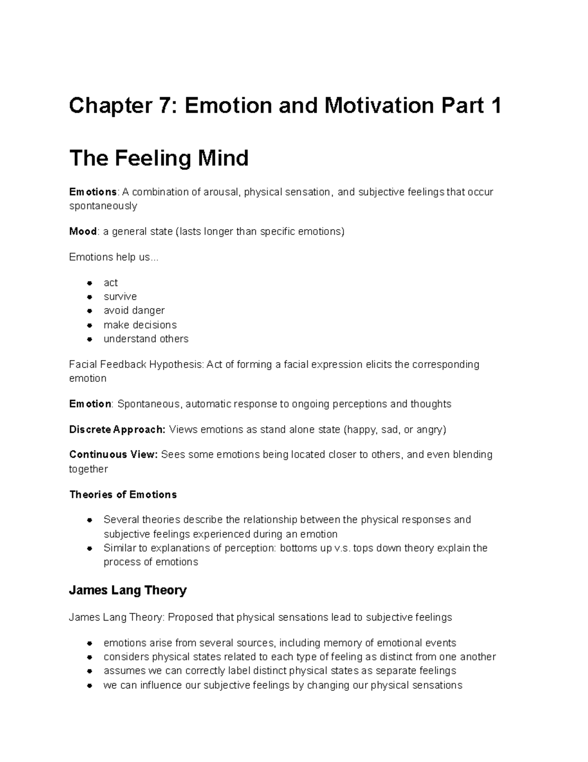 Gen Psych Chapter 7: Emotion and Motivation Overview (Part 1) - Studocu