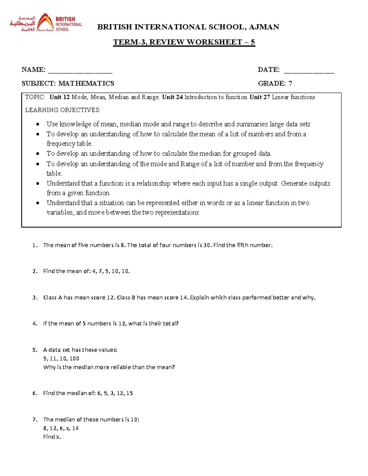 G-7 Mathematics Review Worksheet 5: Mode, Mean, Median & Functions ...
