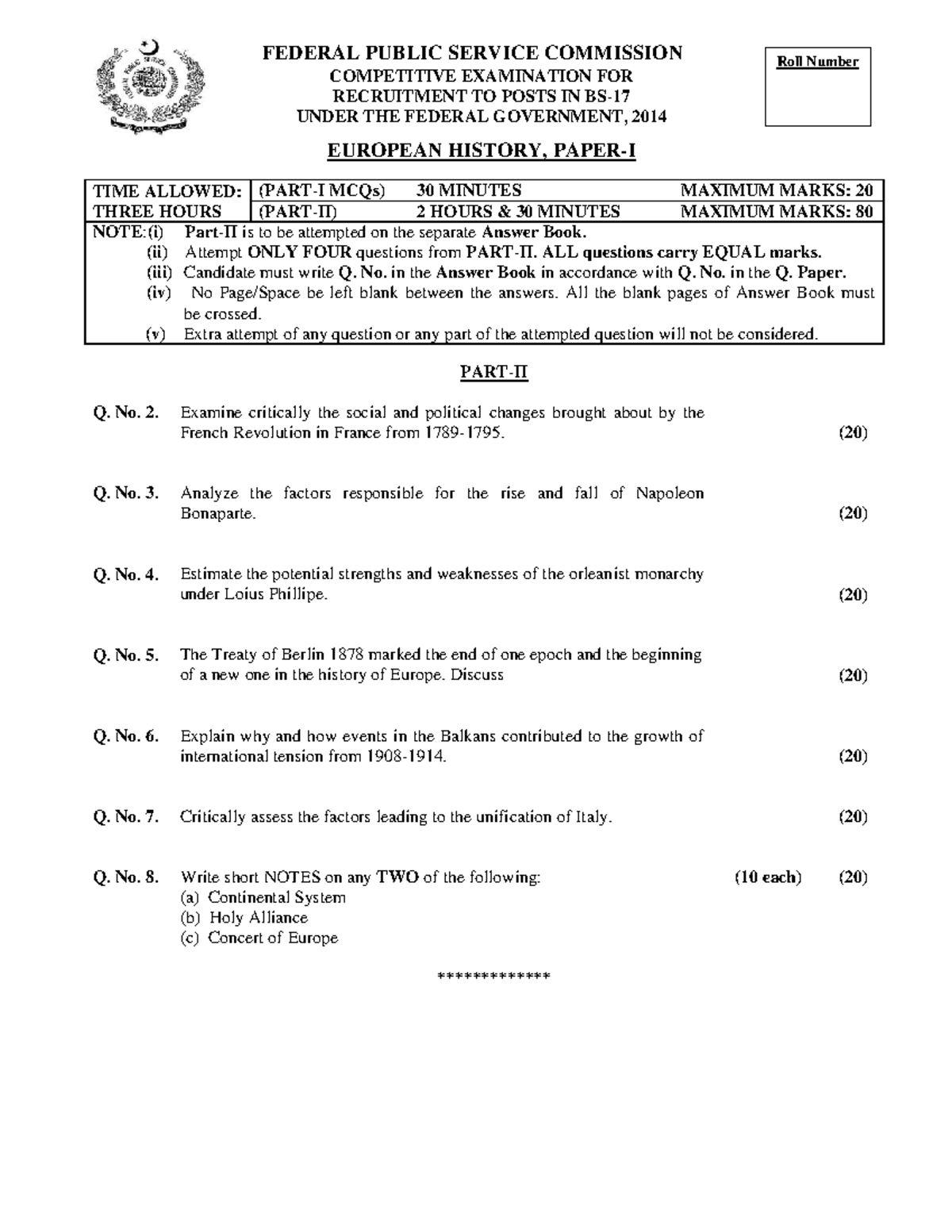 European History - Federal Public Service Exam 2014 (MCQs & Essays ...