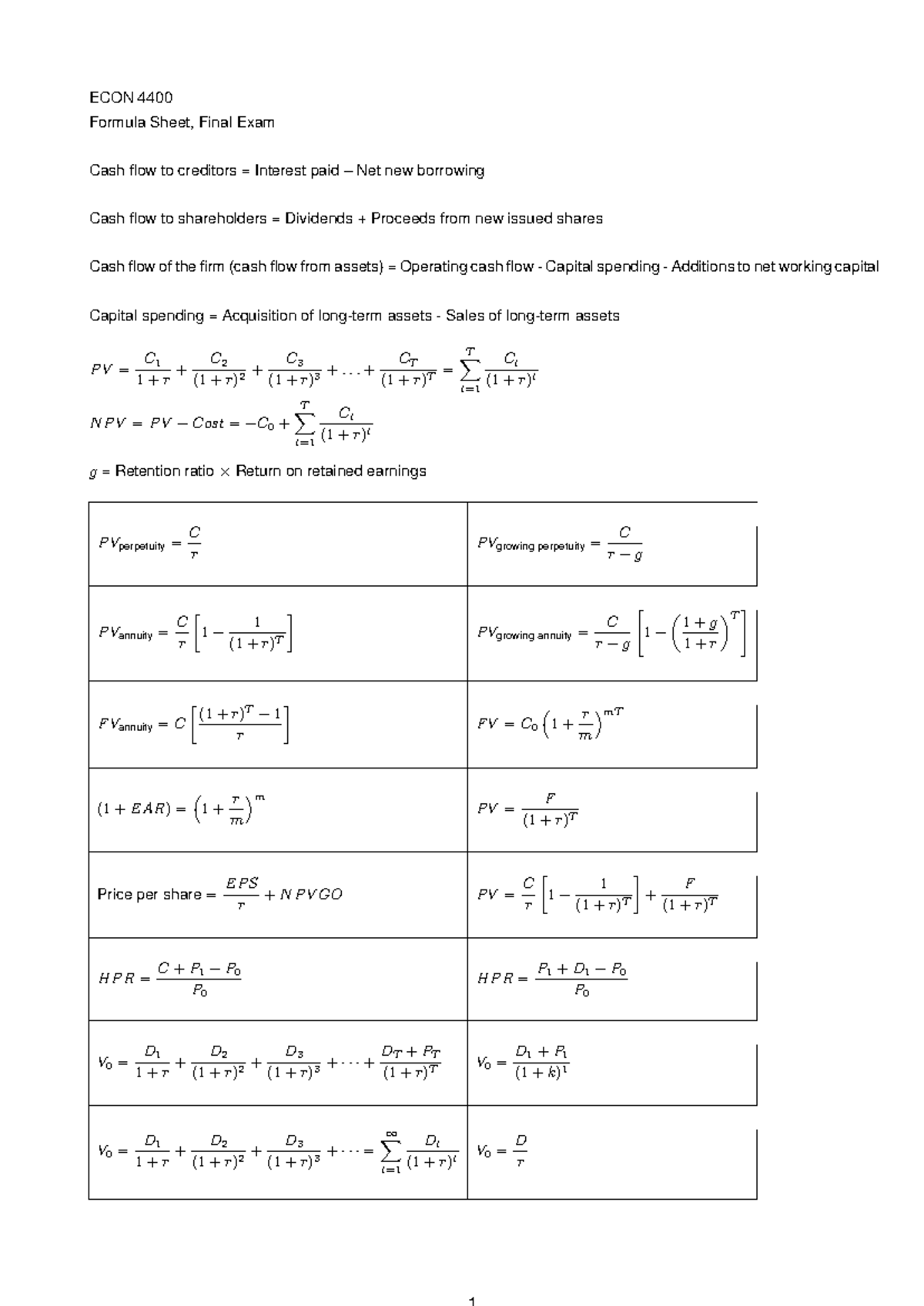 ECON 4400 Final Exam Formula Sheet for Cash Flow Analysis - Studocu