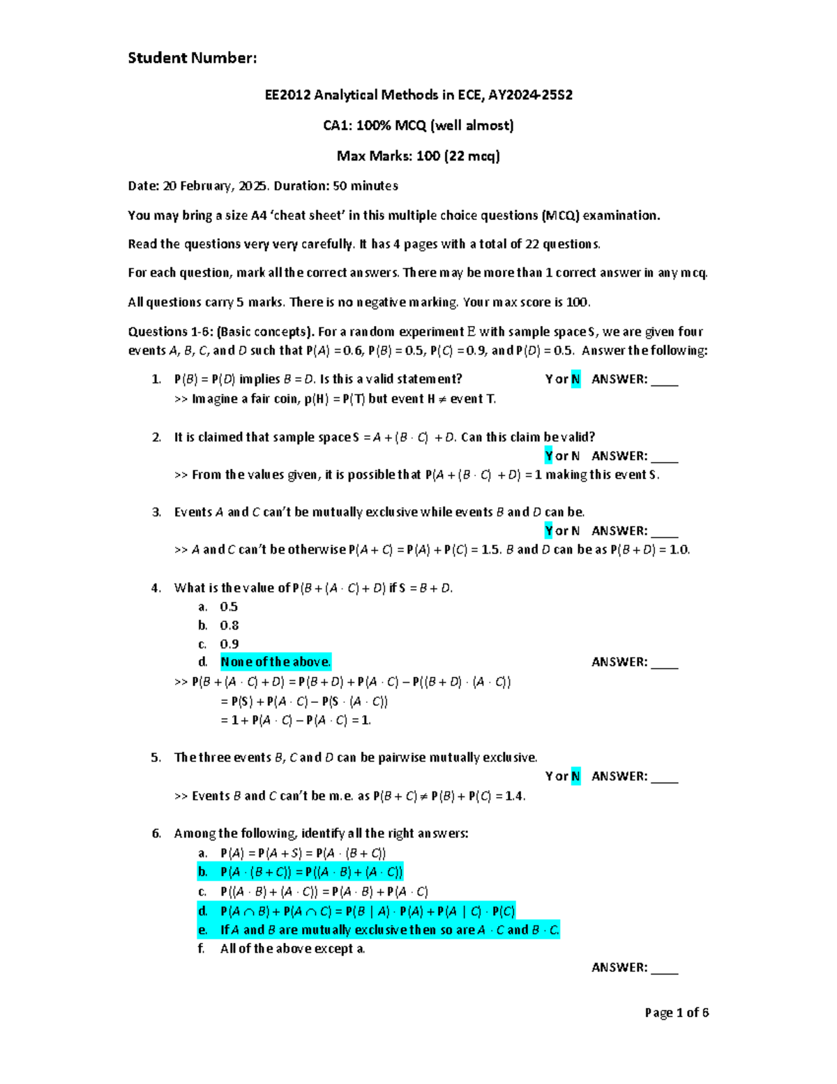 CA1 Solutions for EE2012: Analytical Methods in ECE (2024-25) - Studocu