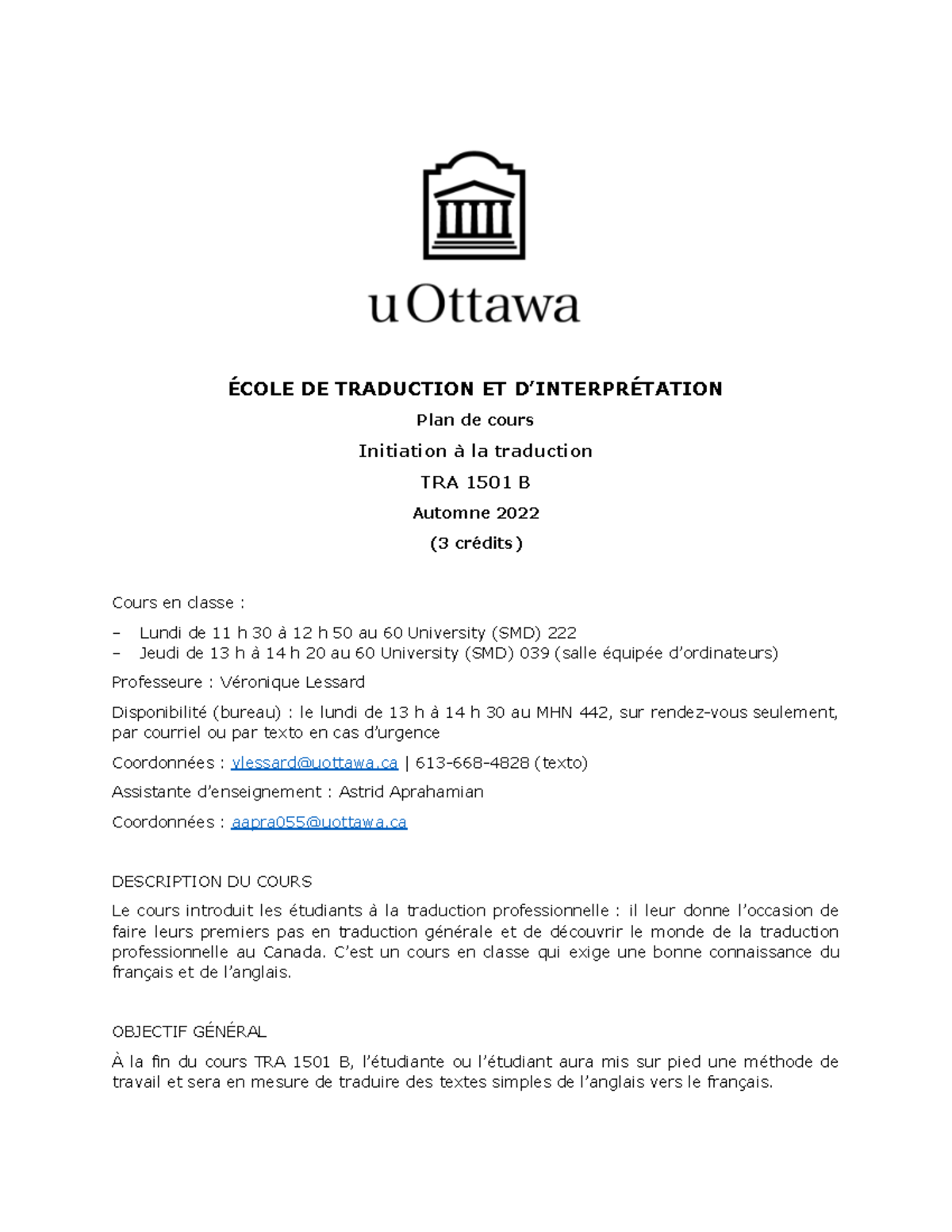 TRA 1501 B - Plan de cours pour Initiation à la traduction (Automne ...