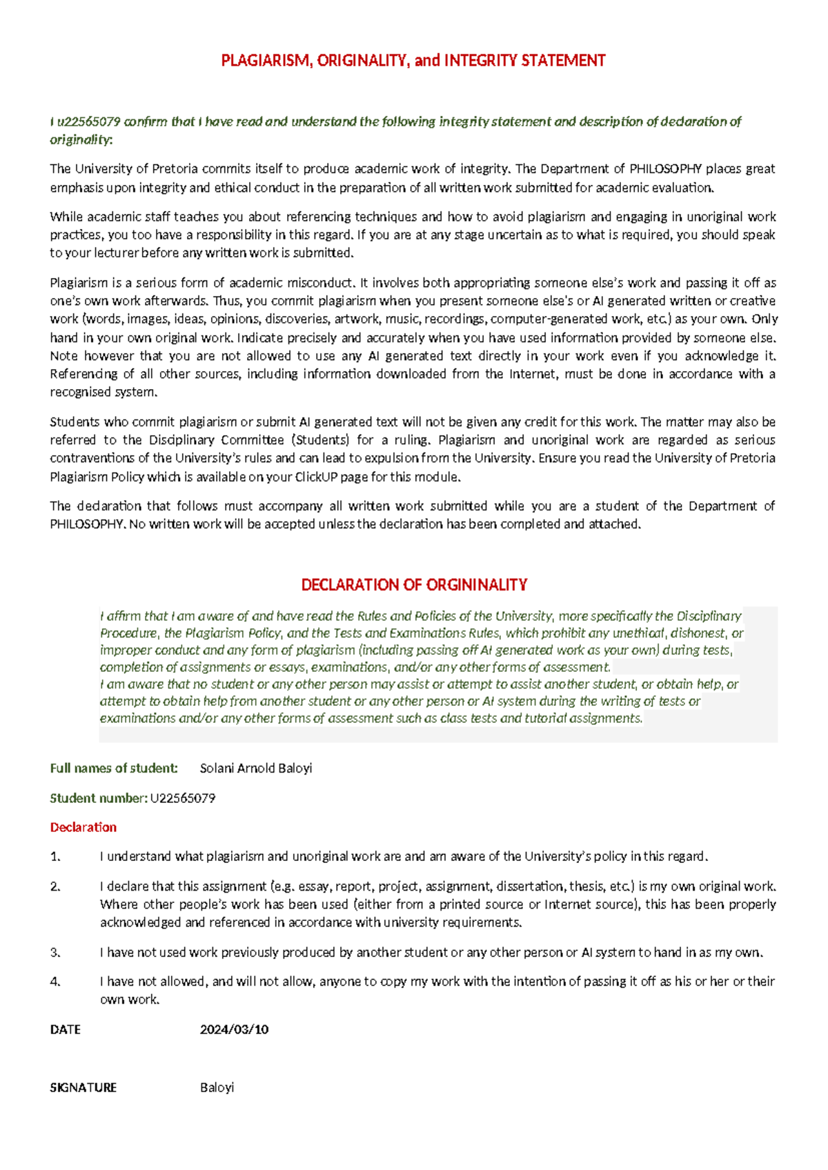 FIL 251 Tutorial 1: Plagiarism, Originality, and Integrity Statement ...