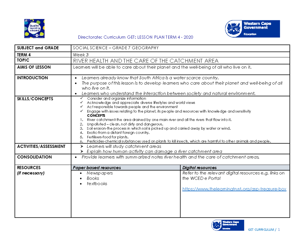 Lesson Plan: Grade 7 SS Geography T4 W3 - River Health & Catchment Care ...