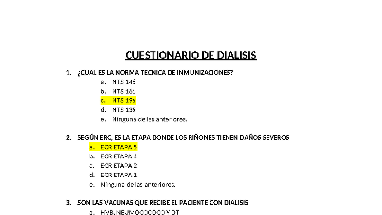 CUESTIONARIO DE DIALISIS: PREGUNTAS Y RESPUESTAS CLAVE - Studocu