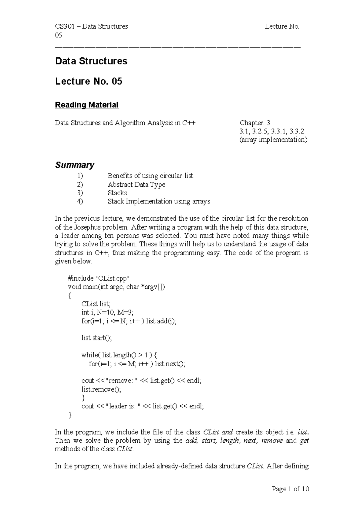 CS301 Data Structures Lecture 05: Circular Lists & Stacks Overview ...