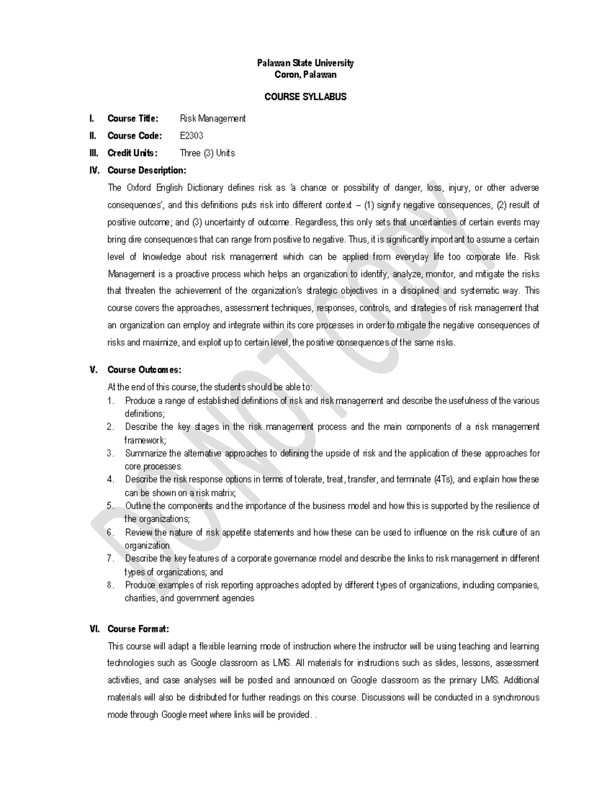 Course Syllabus - RISK MGT E: Understanding Risk Management Principles ...