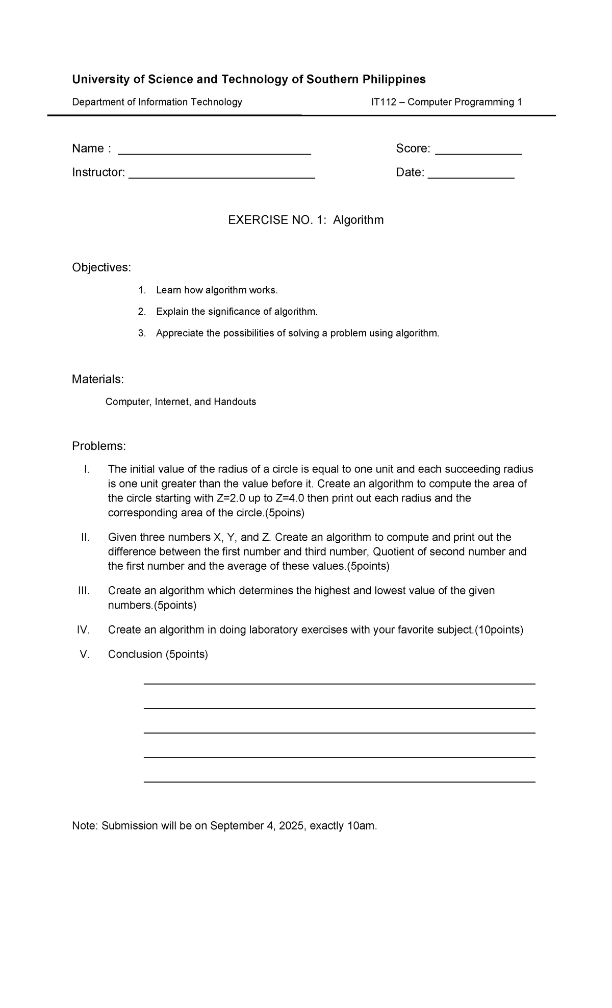 IT112 Exercise 1: Understanding Algorithms and Problem Solving - Studocu