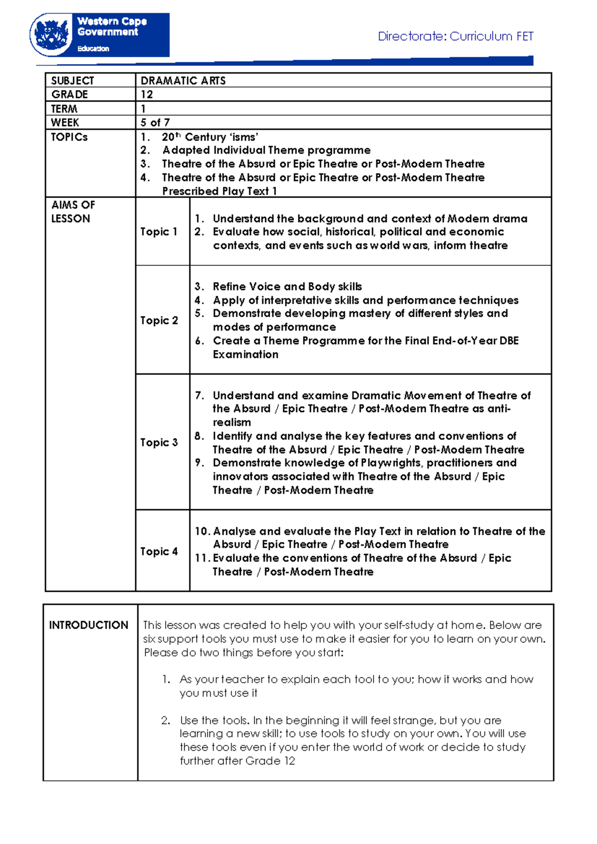 Grade 12 Dramatic Arts: 20th Century Movements & Prescribed Texts T1.W5 ...