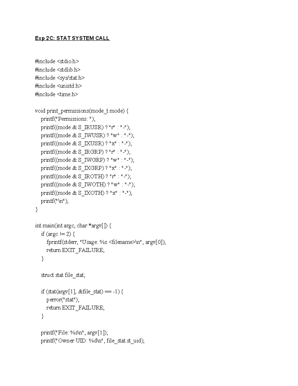 OS Experiments - Exp 2C: STAT SYSTEM CALL #include #include #include ...