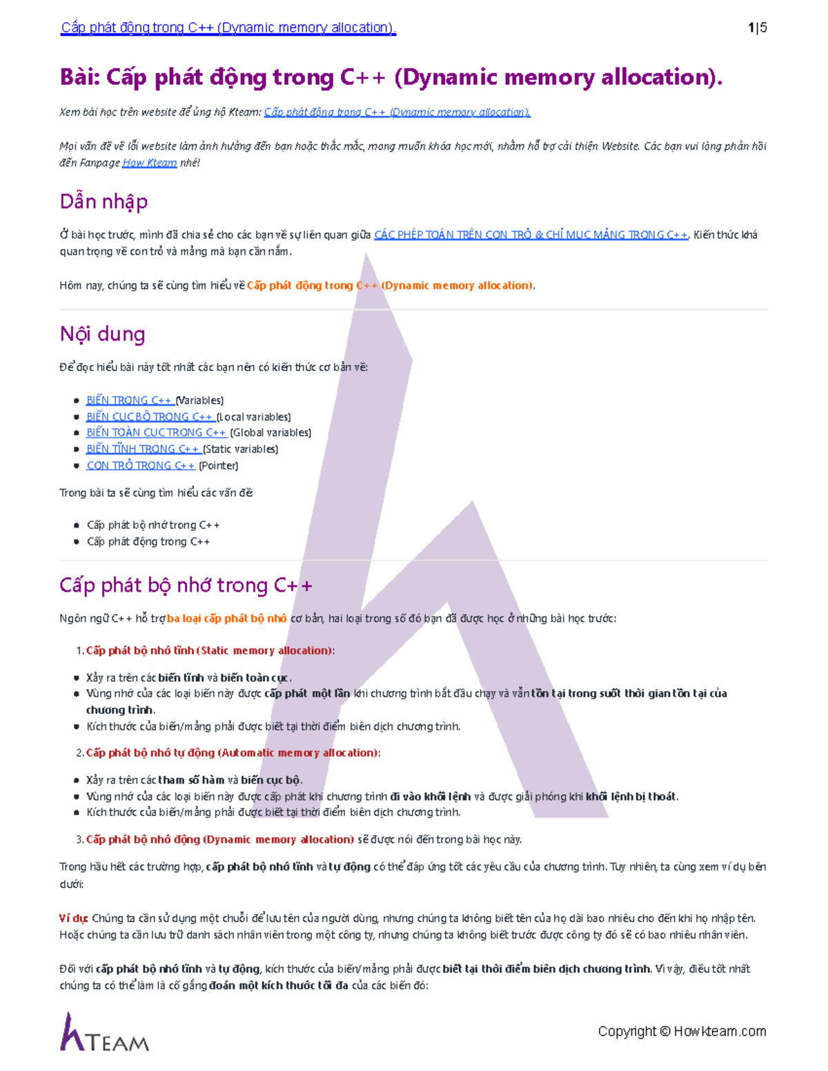 Cấp phát động trong C++ (Dynamic Memory Allocation) - Bài học chi tiết - Studocu