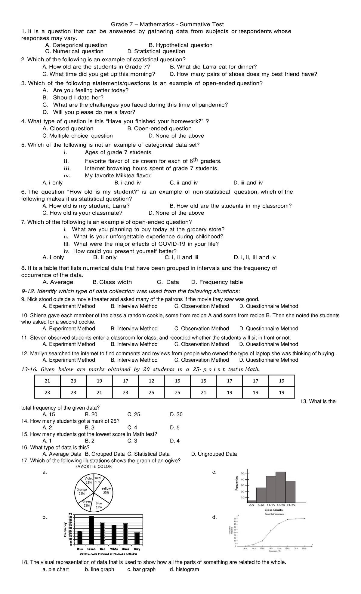 4Q MATH Summative TEST - Math 7 - Grade 7 – Mathematics - Summative ...