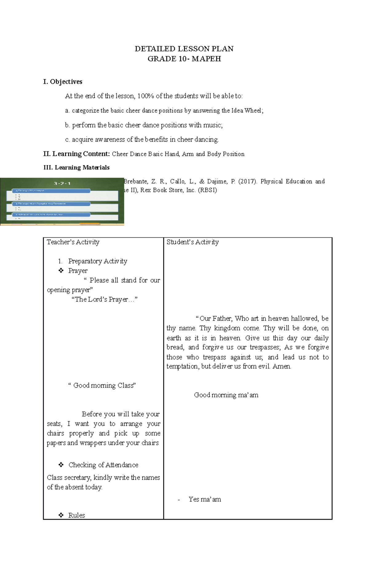 Grade 10 MAPEH - Final Lesson Plan for Cheer Dance Performance - Studocu