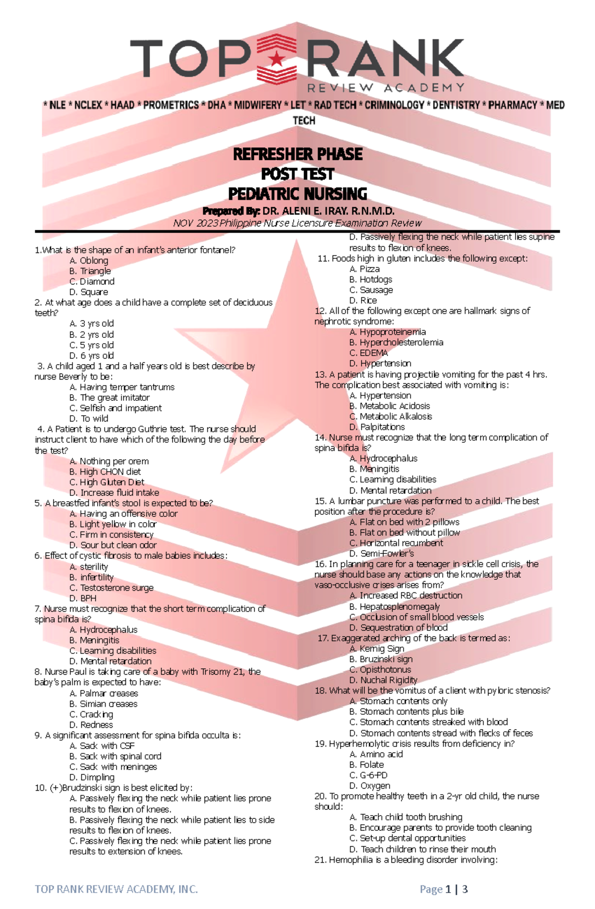 Pediatric Nursing Post Test - DR. IRAY - November 2023 - Studocu