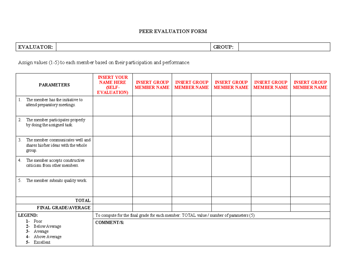 Peer Evaluations - PEER EVALUATION FORM EVALUATOR: GROUP: Assign values (1-5) to each member ...