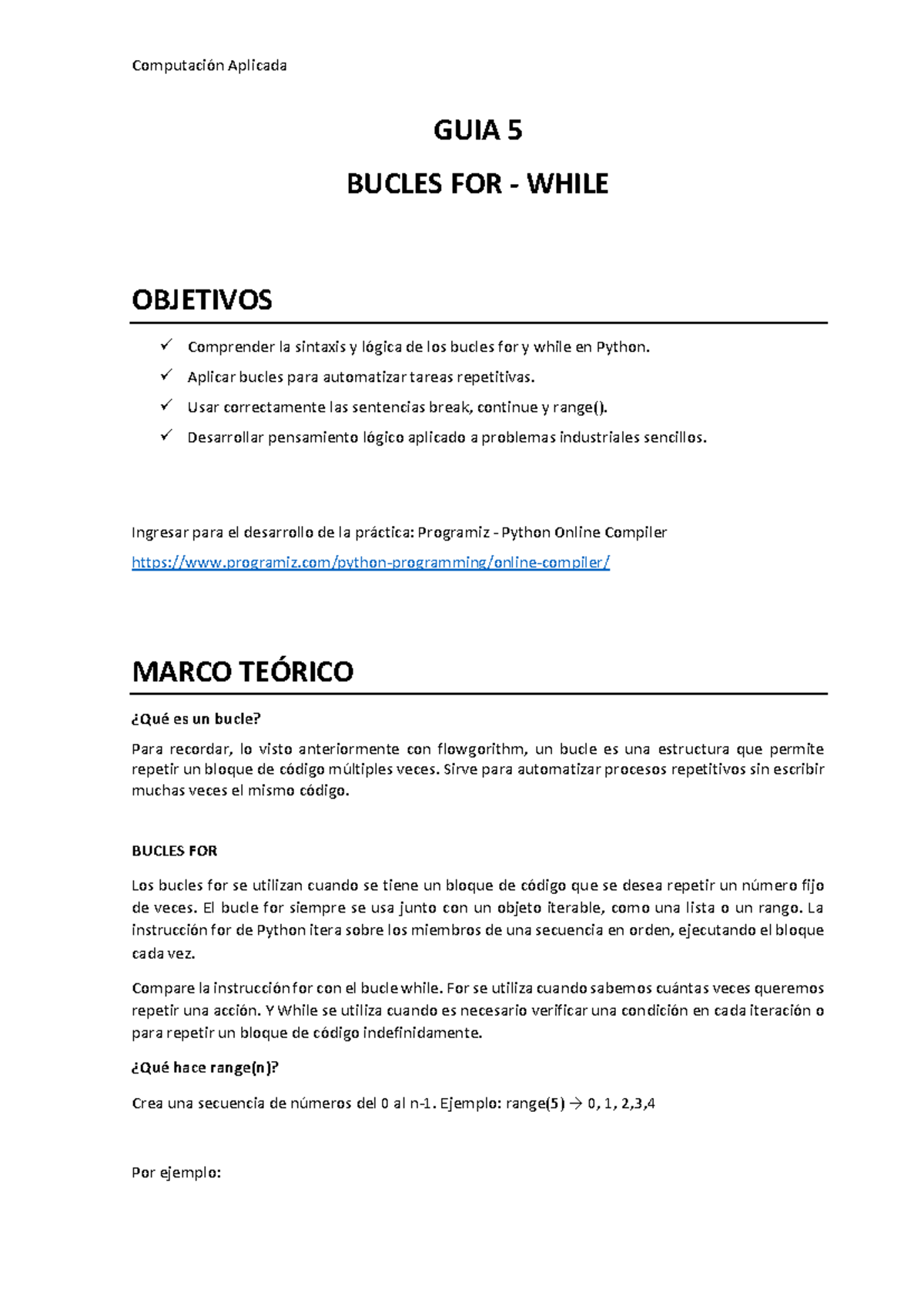Guía 5: Bucles FOR y WHILE en Python - Computación Aplicada g6 - Studocu