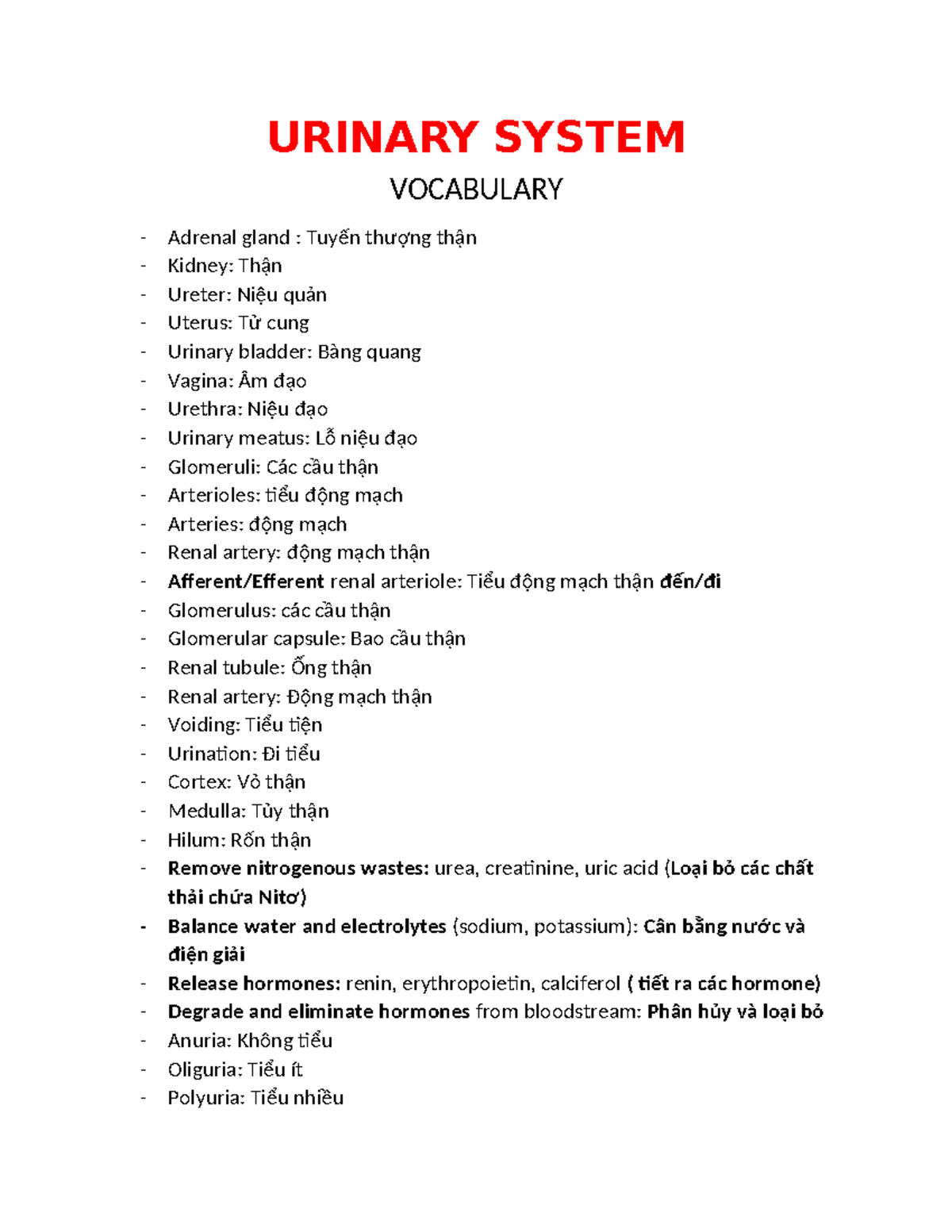 URINARY SYSTEM VOCABULARY: Key Terms & Definitions for Med Physiology ...