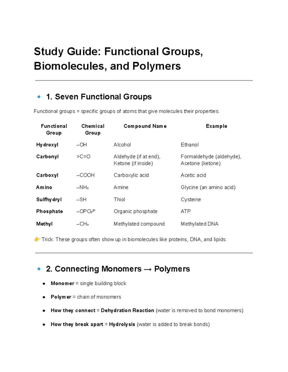 Study Guide: Functional Groups & Biomolecules (BIO 101) - Studocu