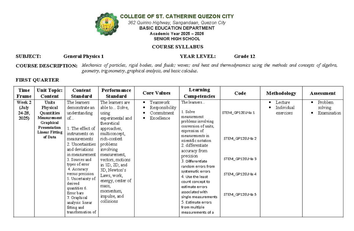 Course Syllabus: General Physics 1 (Grade 12) - AY 2025-2026 - Studocu