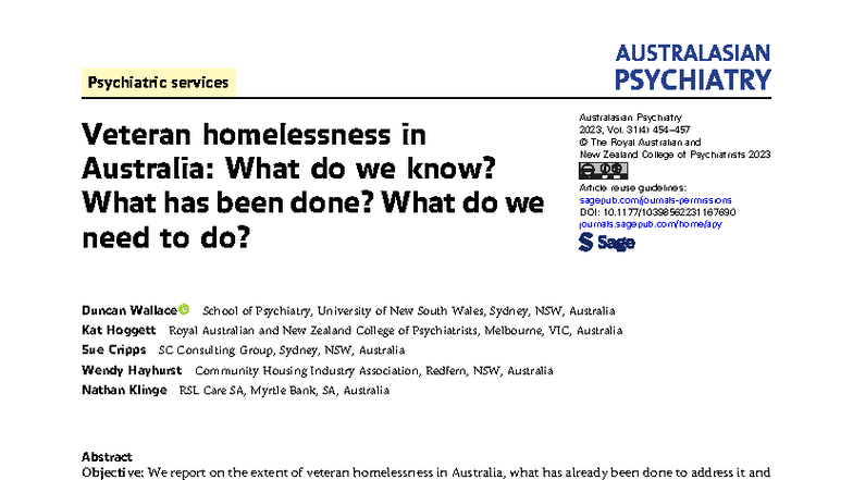 Veteran Homelessness in Australia: Insights and Recommendations (PSYCH ...