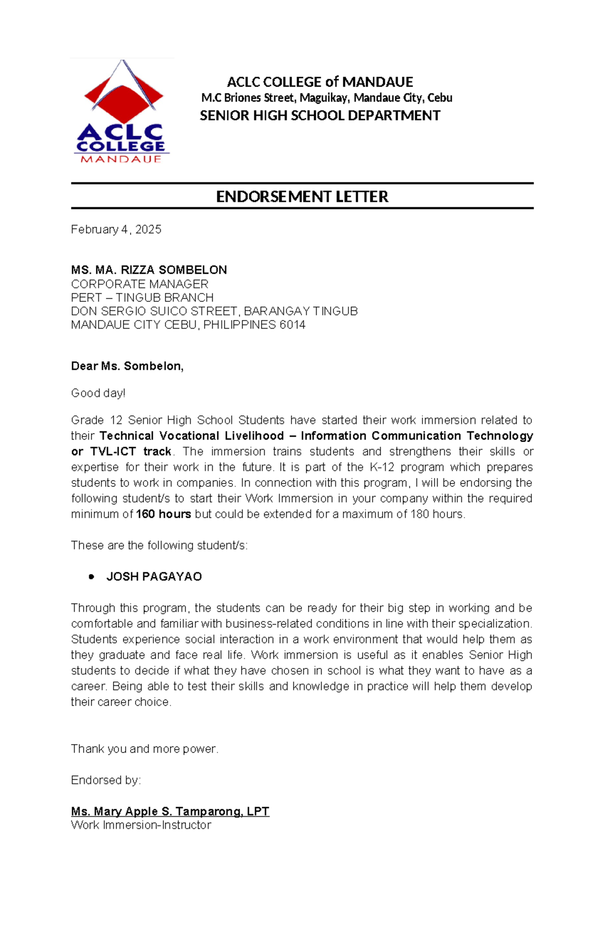Letter-of-endorsement - ACLC COLLEGE of MANDAUE M Briones Street ...