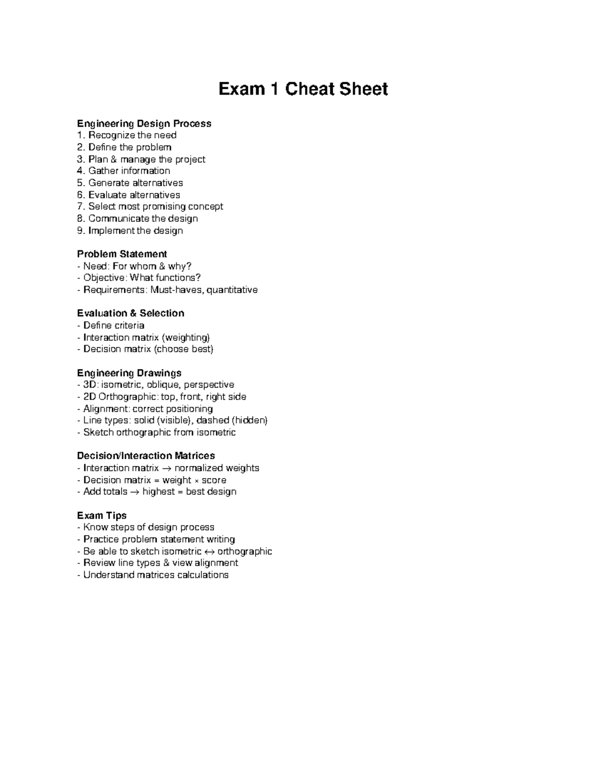 Engineering Design Process Exam 1 Cheat Sheet: Key Steps & Tips - Studocu