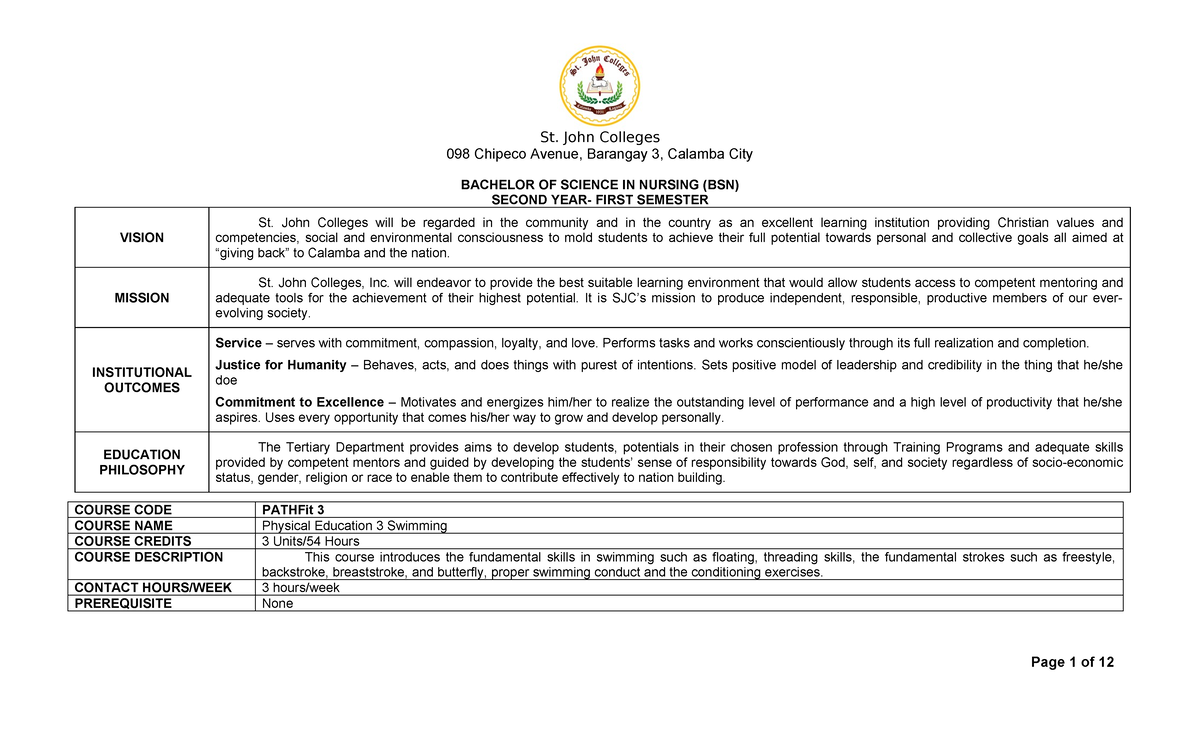 PathFit 3: Physical Education - Swimming Course Overview and Outcomes ...