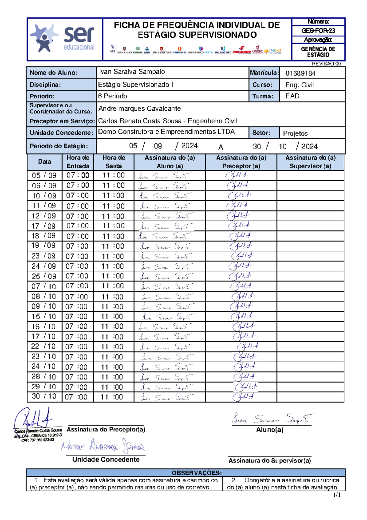 Ficha de Frequência Individual de Estágio Supervisionado - GES-FOR-23 - Studocu