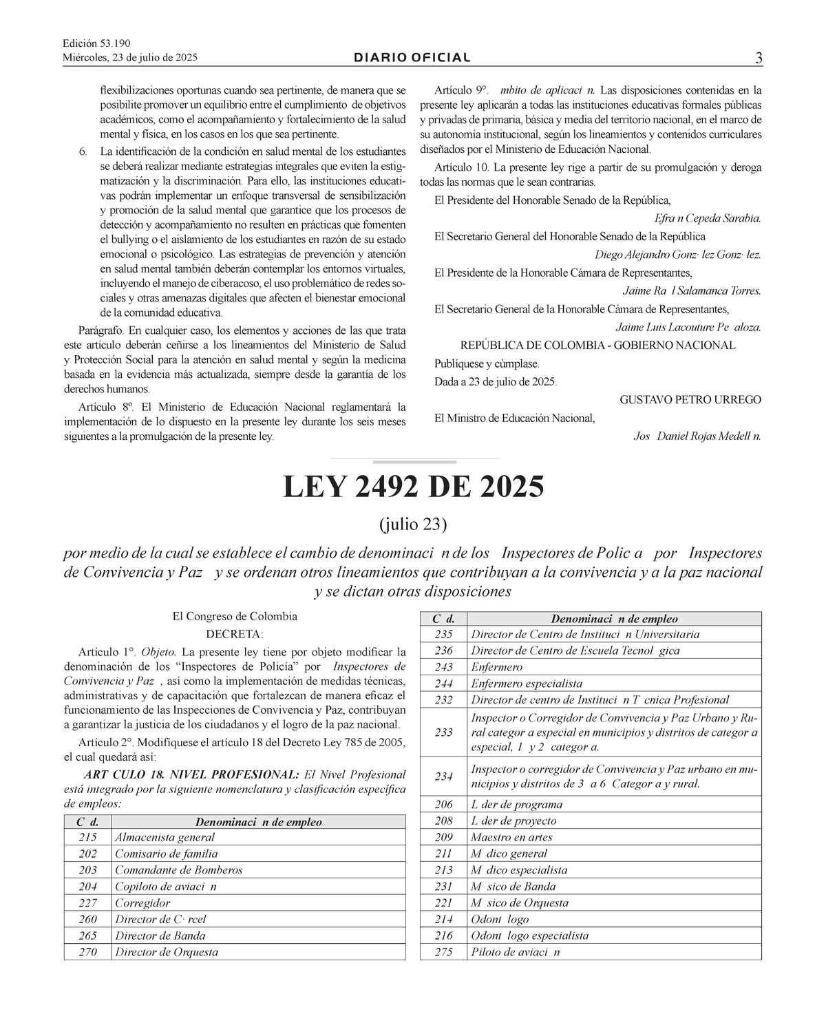 LEY 2492 DE 2025: Modificaciones a la Convivencia y Paz Nacional - Studocu