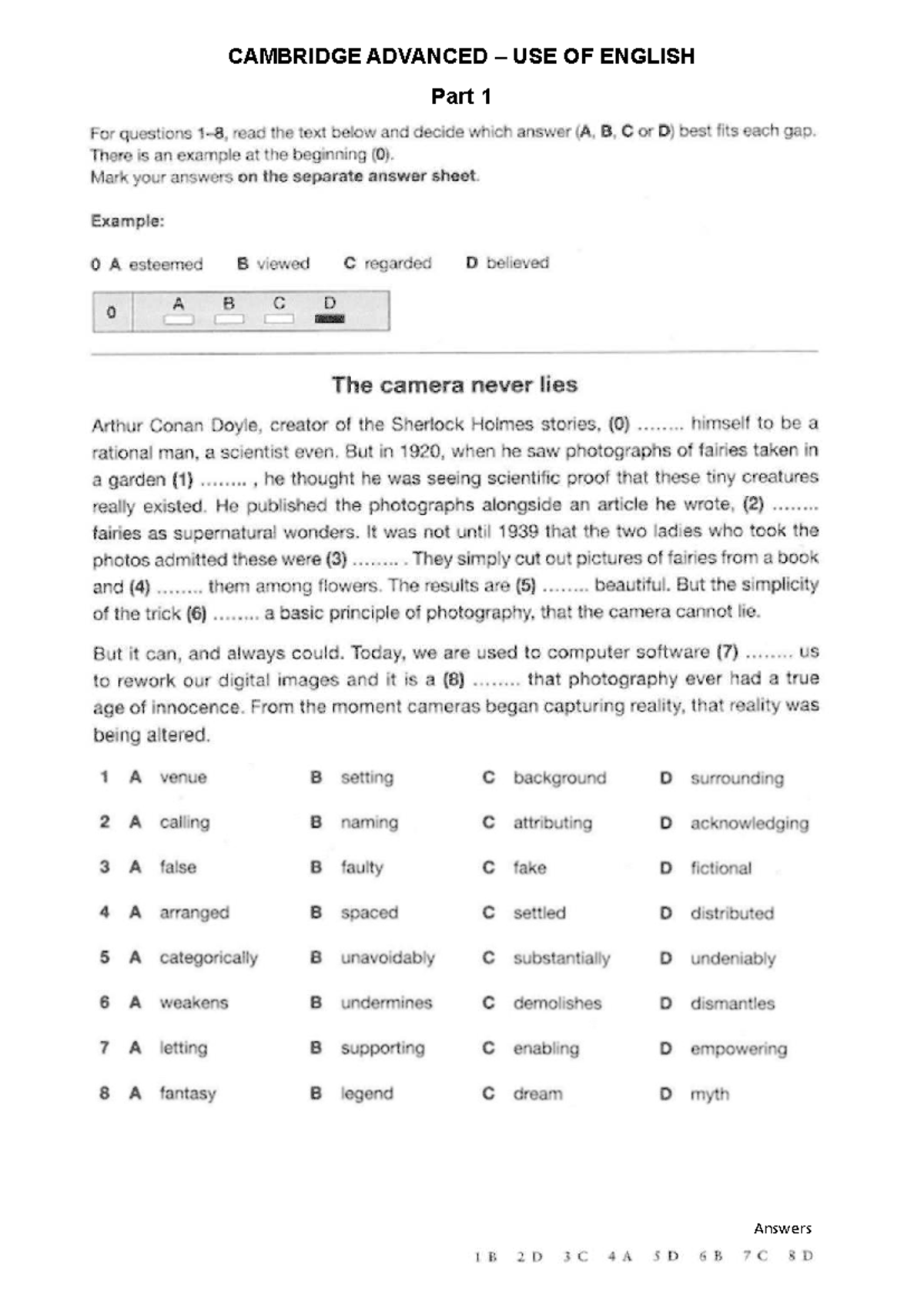 CAMBRIDGE ADVANCED USE OF ENGLISH: The Camera Never Lies - Part 1 - Studocu