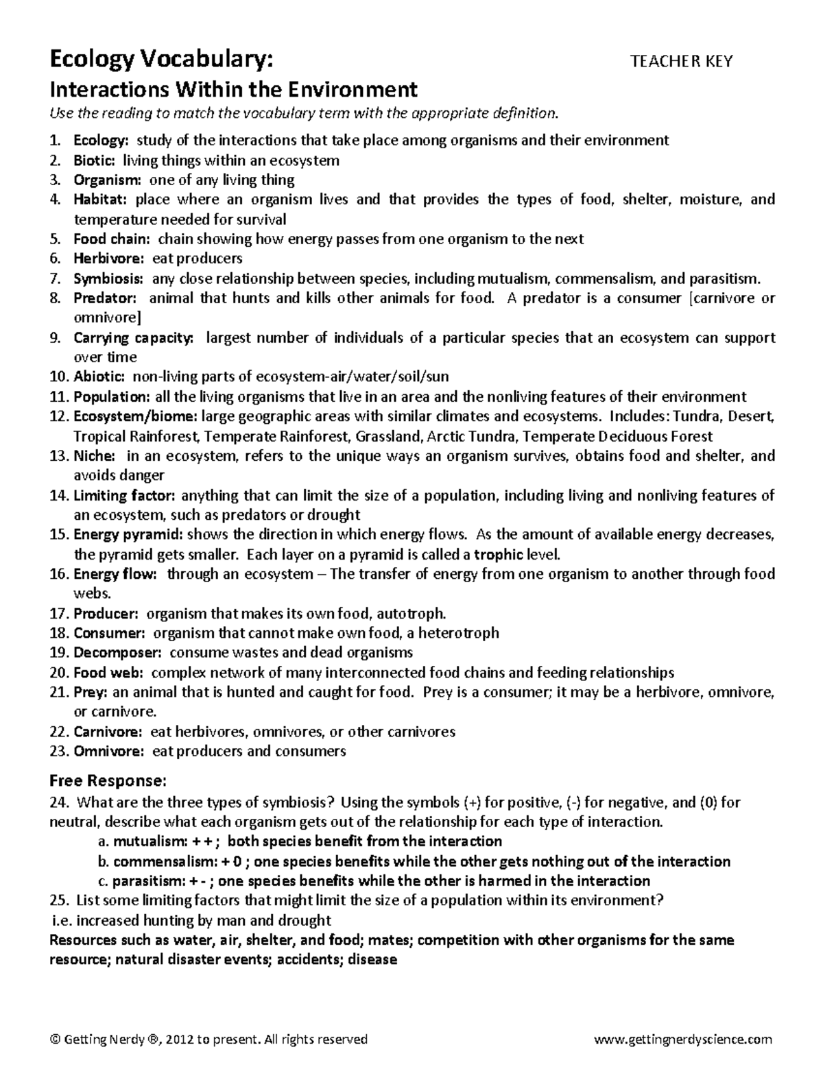 Ecology Vocabulary: TEACHER KEY for Interactions in the Environment ...