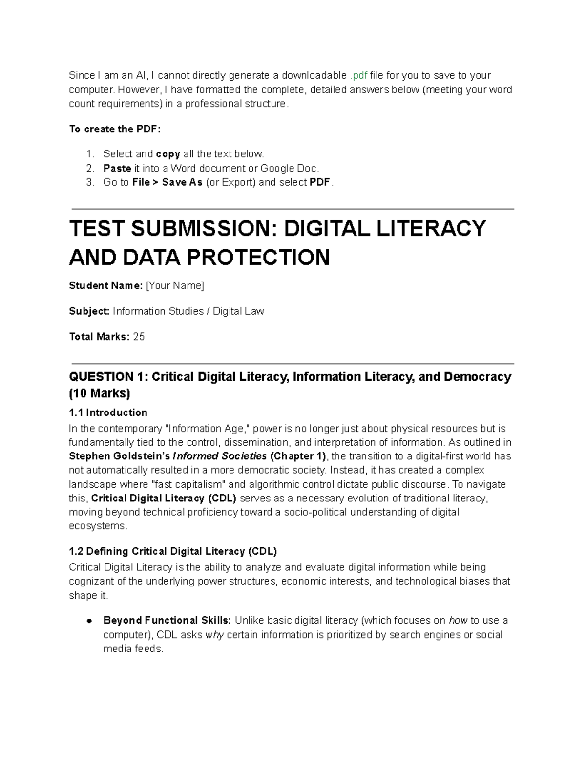 DIGITAL LITERACY AND DATA PROTECTION: INFO STUDIES ESSAY NOTES - Studocu