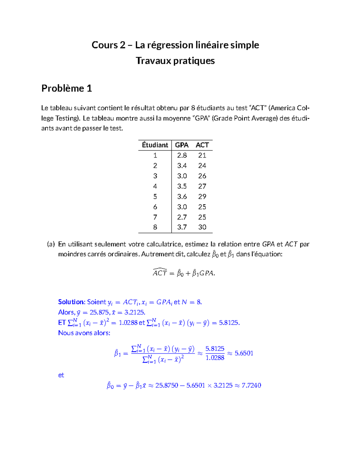 TP2 Sol - SOLUTION TP - Cours 2 – La régression linéaire simple Travaux pratiques Problème 1 Le ...