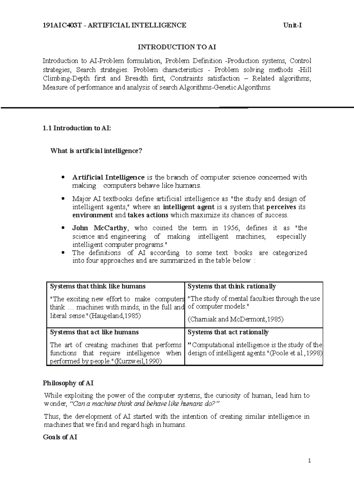 Unit 1 - Lecture Material - INTRODUCTION TO AI Introduction to AI ...
