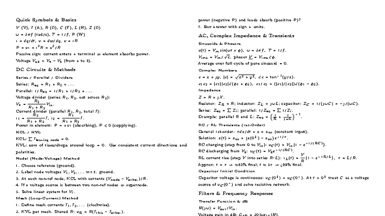 Cheat Sheet for Circuits and Mechatronics (ENGR 101) - Studocu