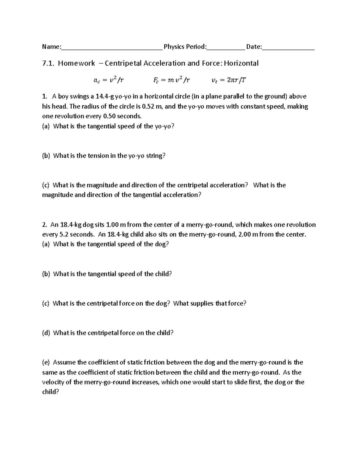 Physics 7.1 Homework: Centripetal Acceleration & Force Problems - Studocu