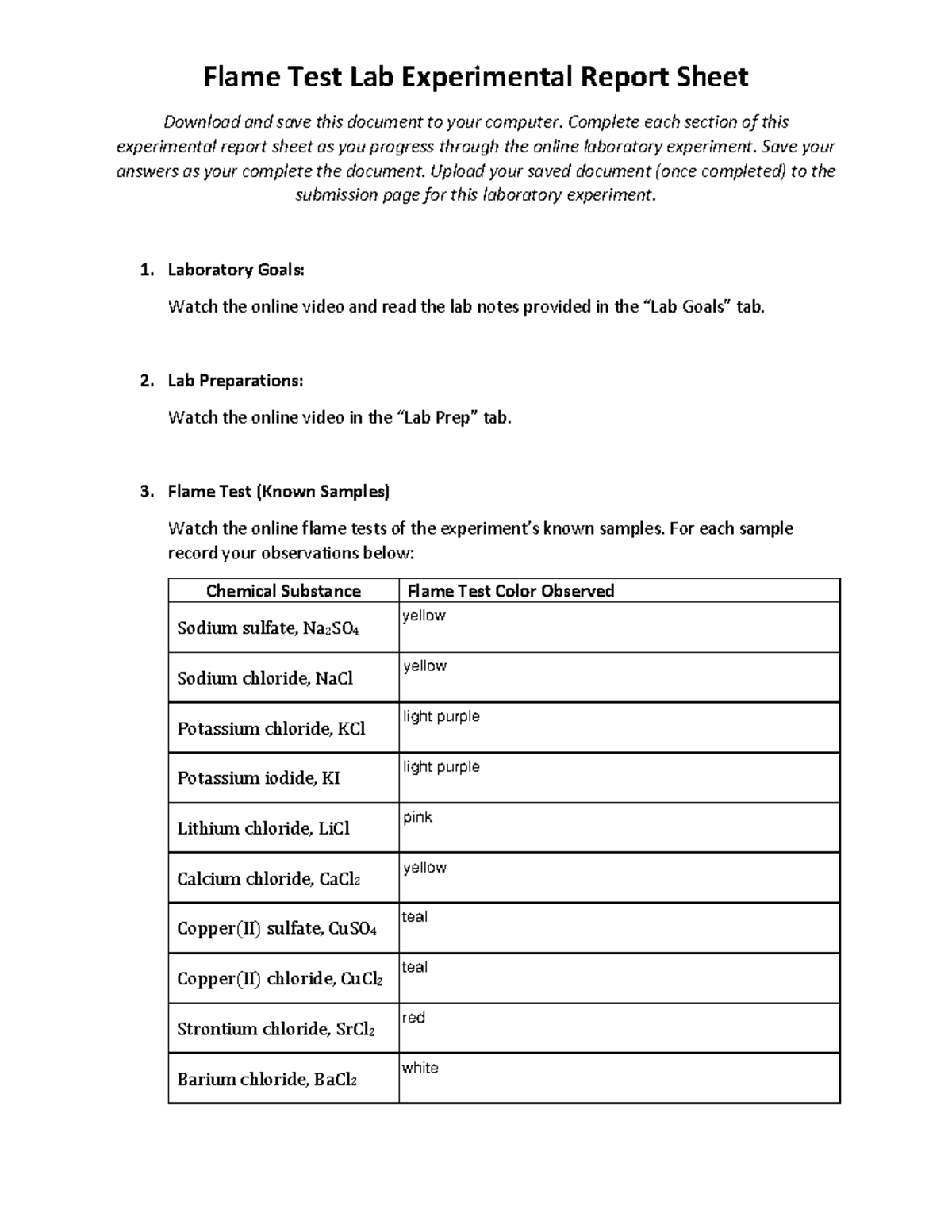 Flame Test Lab Report for CHEM 101: Observations and Analysis - Studocu