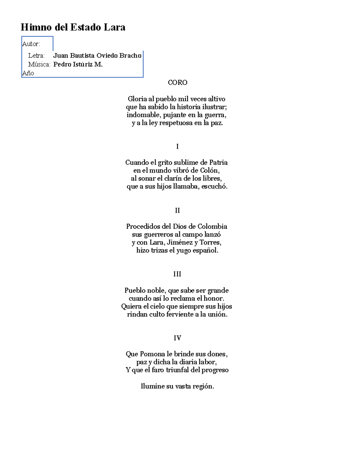 Himno del Estado Lara: Letra y Música de Oviedo y Istúriz - Studocu