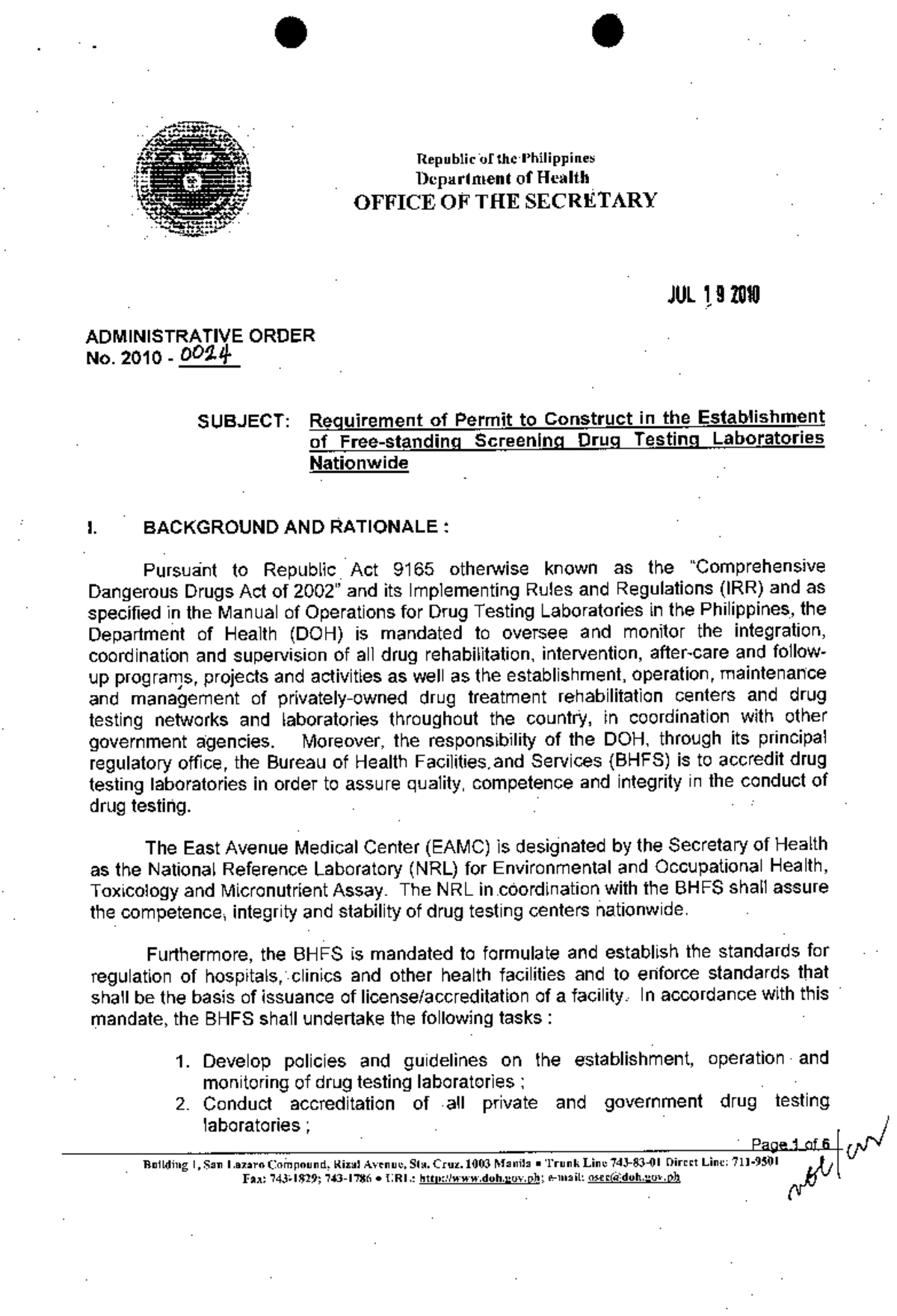 DOH Administrative Order: Permit to Construct Screening Drug Testing ...