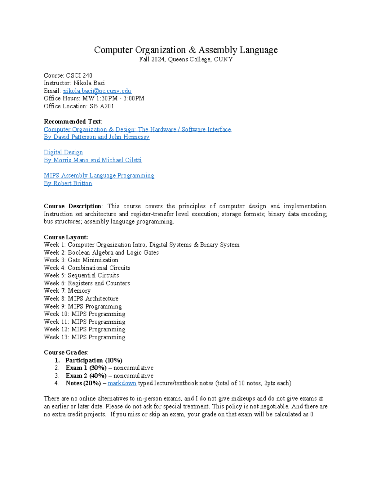 CSCI 240: Computer Organization & Assembly Language Syllabus Fall 2024 - Studocu