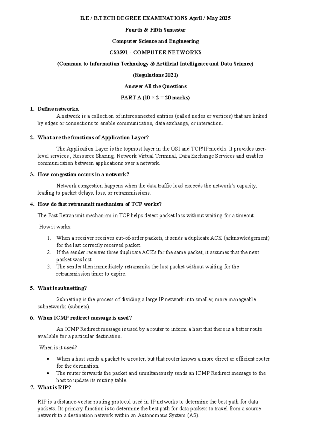 CS3591 - Computer Networks - April May 2025 Exam Answer Key - Studocu