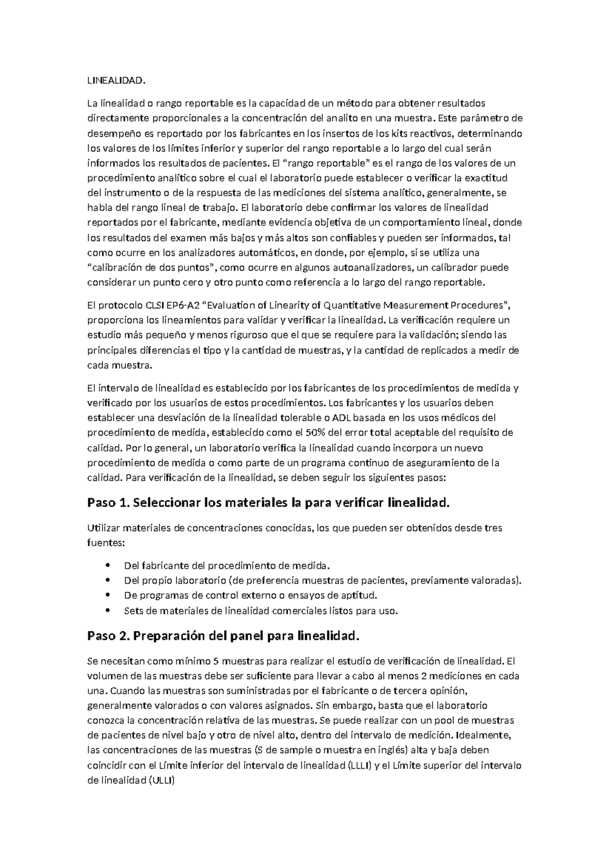 Verificación de Linealidad en Métodos Analíticos - CLSI EP6-A2 - Studocu