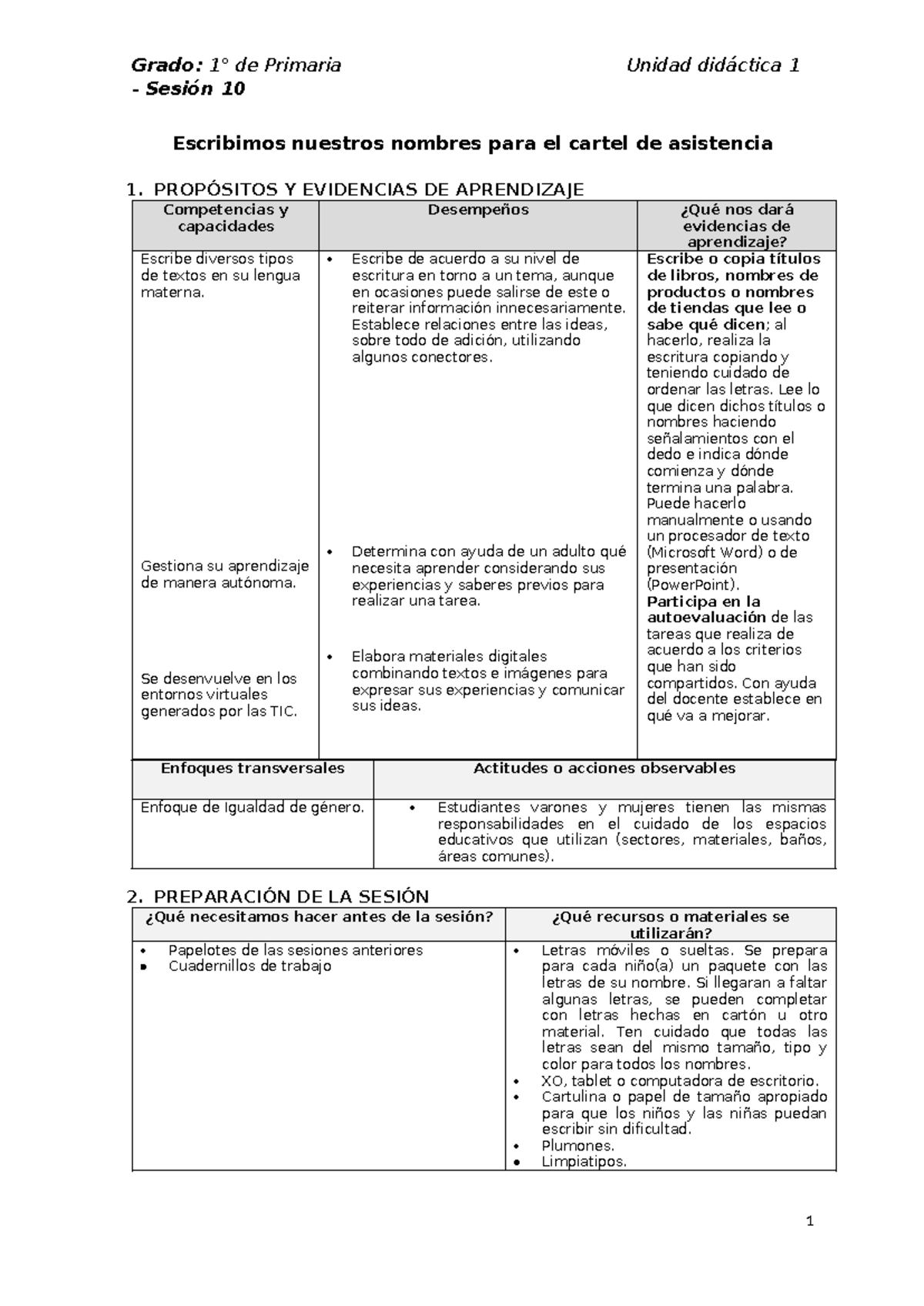 Primer Grado: Unidad 1, Sesión 10 - Escribimos Nuestros Nombres - Studocu