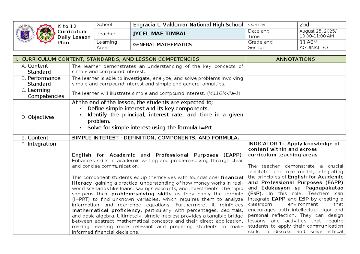 DLP-GENMATH-2ND QTR: Simple & Compound Interest Lesson Plan - Studocu