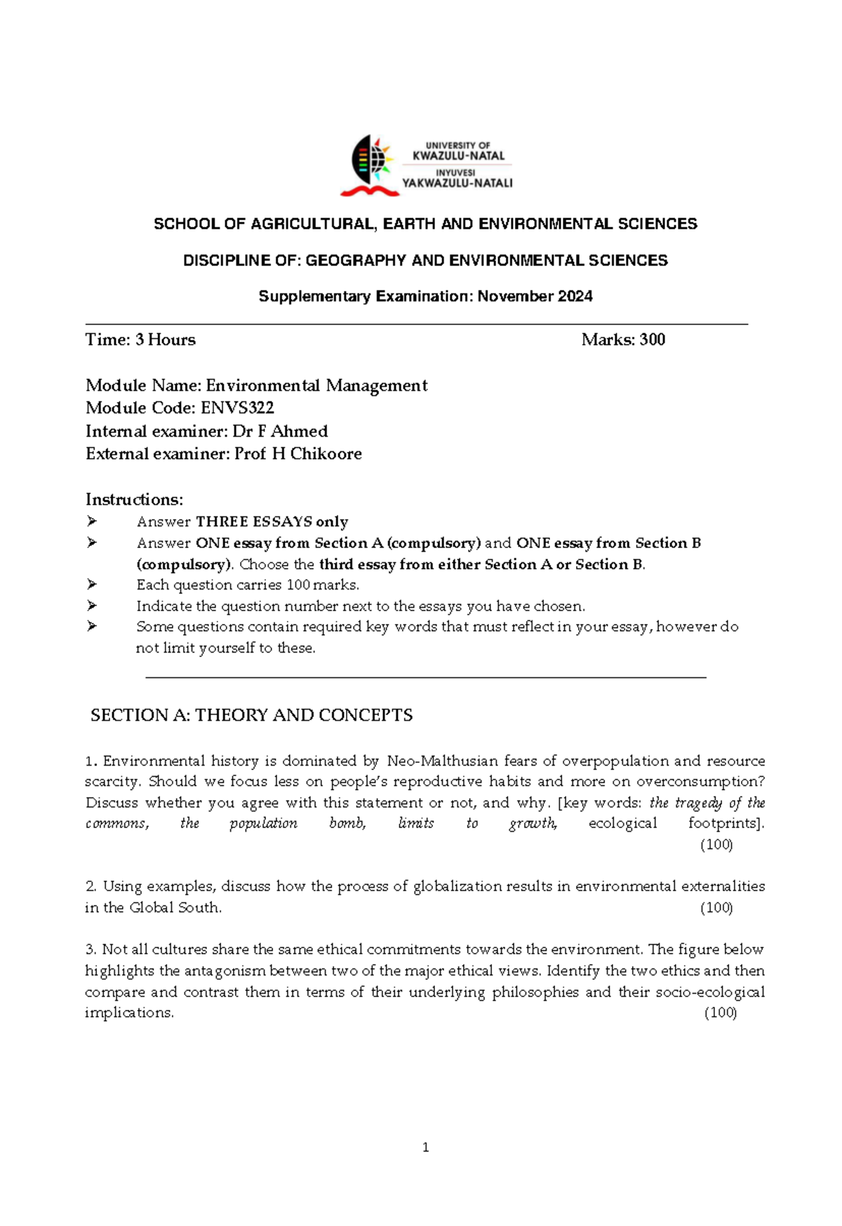 2024 ENVS322 Supplementary Exam: Environmental Management Past Paper ...