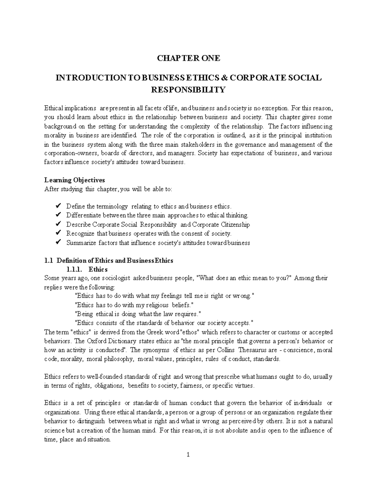 BUSINESS ETHICS: CHAPTER ONE - INTRODUCTION TO CSR & ETHICS - Studocu