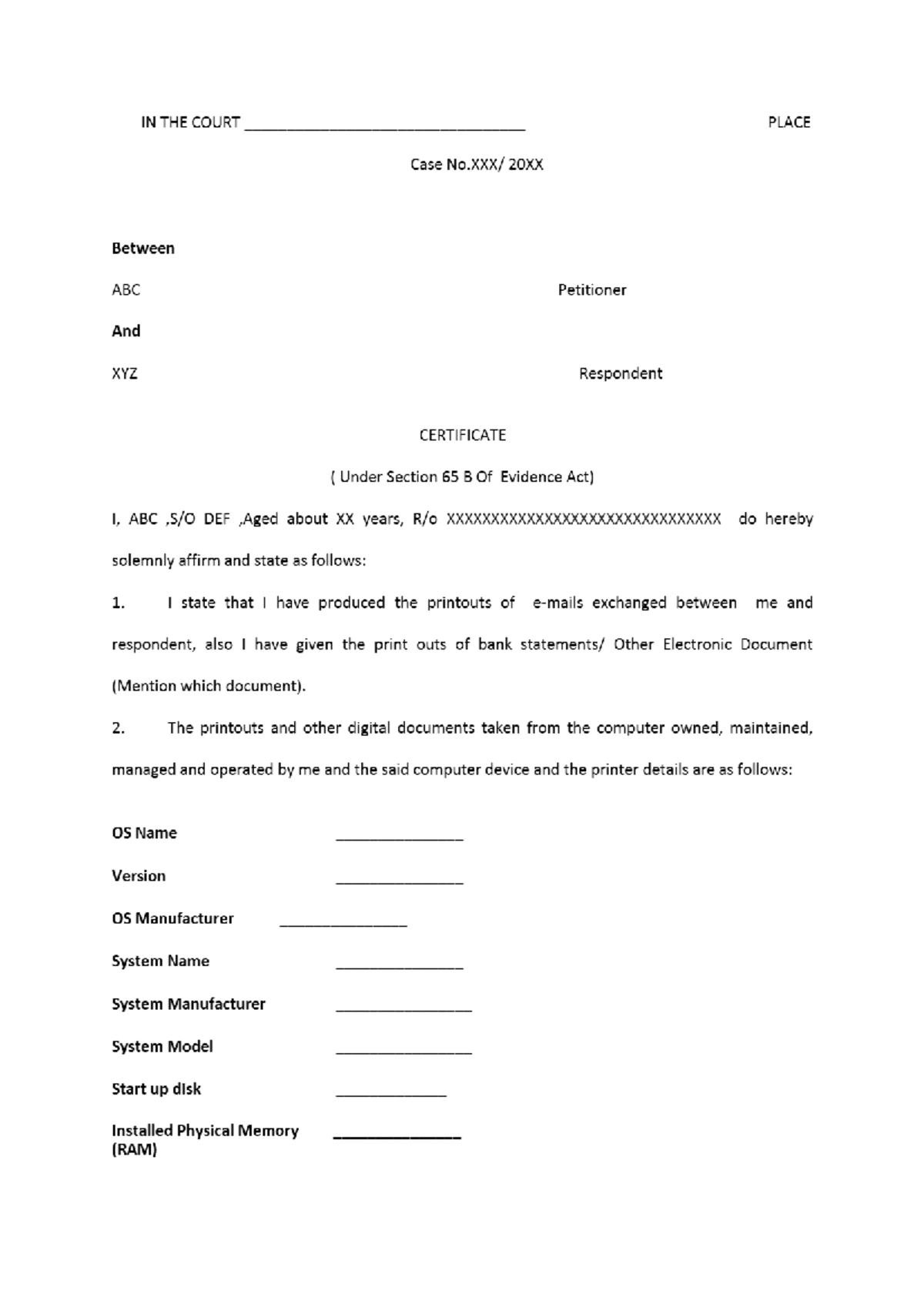 65B Affidavit Format for Court Case 20XX: ABC vs XYZ - Studocu