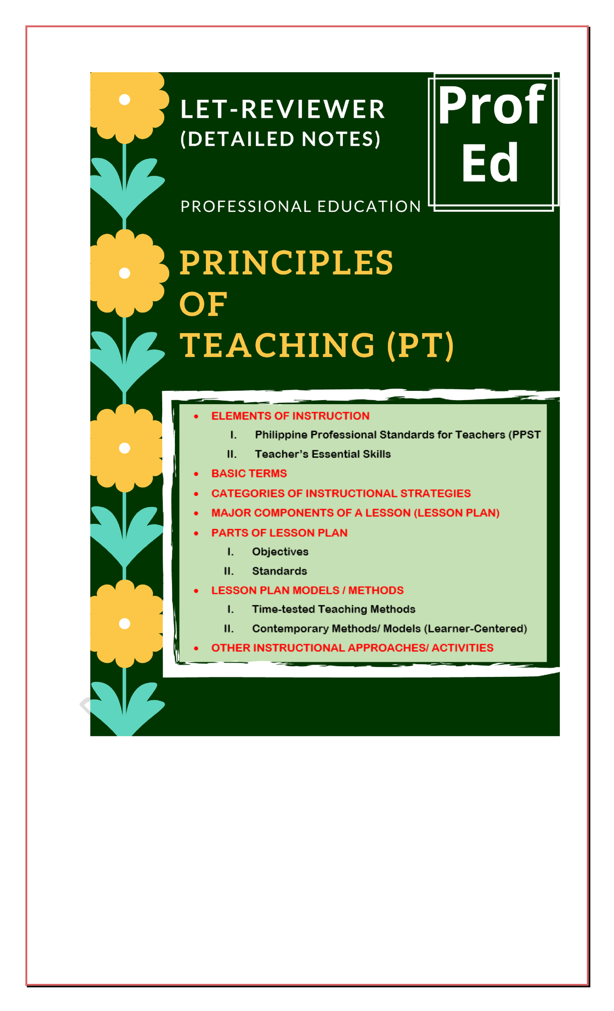 Principles OF Teaching - ELEMENTS OF INSTRUCTION Learner The learner's ...