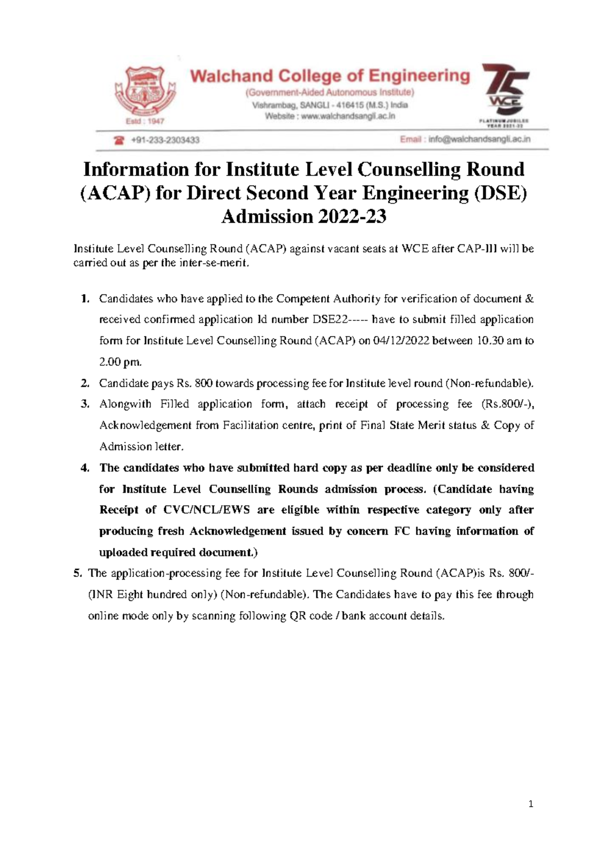 DSE Institute Level Conseling Round (ACAP) 2022-23 1 - Information for ...
